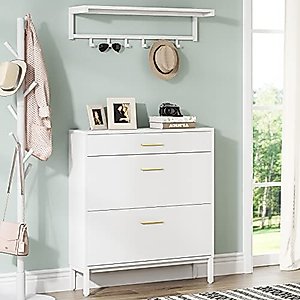 Tribesigns Shoe Cabinet with Flip Doors for Entryway, 2-In-1 Design Coat Rack Shelf with Shoe Storage Cabinet, Wooden Shoes Rack Shoe Organizer with Coat Hooks for Hallway