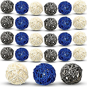24 Pcs Rattan Balls 1.8 Inches Wicker Balls Orb Decorative Balls for Centerpiece Bowls Vase Fillers for Home Decor Glass Table Room Kitchen Aromatherapy Wedding Decorations, Dark Blue, Gray, White