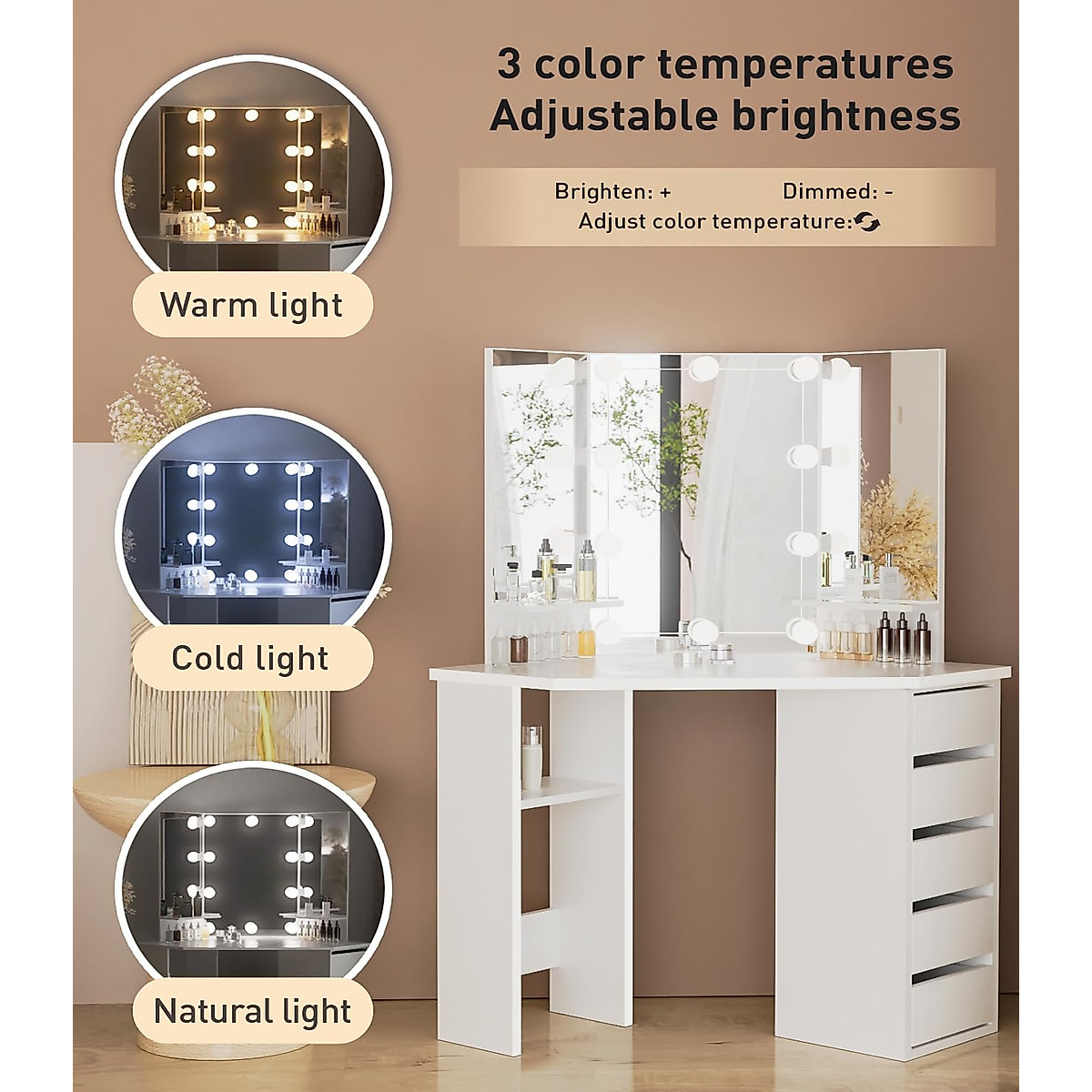 Likein Corner Vanity, Makeup Vanity Desk with Lights, Bedroom White Vanity with Lighted Mirror, Makeup Table with Drawers and Mirror for Women Girls, 3 Lighting Modes Brightness Adjustable