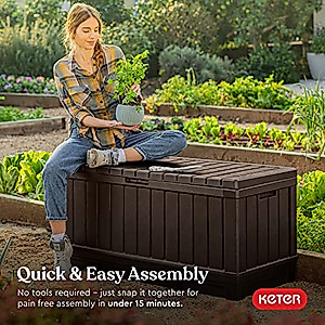 Keter Kentwood 90 Gallon Resin Deck Box-Organization and Storage for Patio Furniture Outdoor Cushions, Throw Pillows, Garden Tools and Pool Toys, Brown