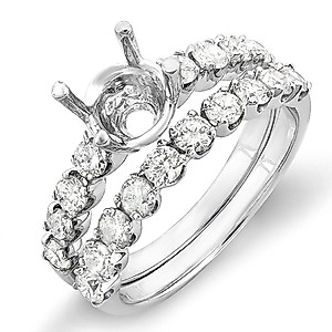 Dazzlingrock Collection 1.00 Carat (Ctw) 14k Round Diamond Women Bridal Semi Mount Ring Set with Matching Wedding Band (No Center Stone), White Gold, Size 7