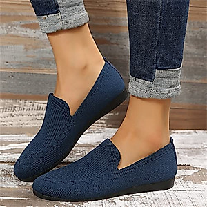 Ladies Fashion Solid Color Breathable Knitting Comfortable Flat Casual Shoes Womens Slip on Walking Shoes Lightweight Casual Blue