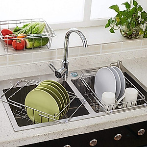 Plate Rack Draining Dish Rack Dish Drying Rack with Stainless Steel Utensil Holder Cutlery Rack, Over Sink or in Sink Dish Drainer Pan Plate Holder