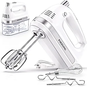 BAIGELONG Hand Electric Mixer, 300W Ultra Power Food Kitchen Mixer with 5 Self-Control Speeds + Turbo Boost, 5 Stainless Steel Attachments Handheld Mixer for Baking, Black