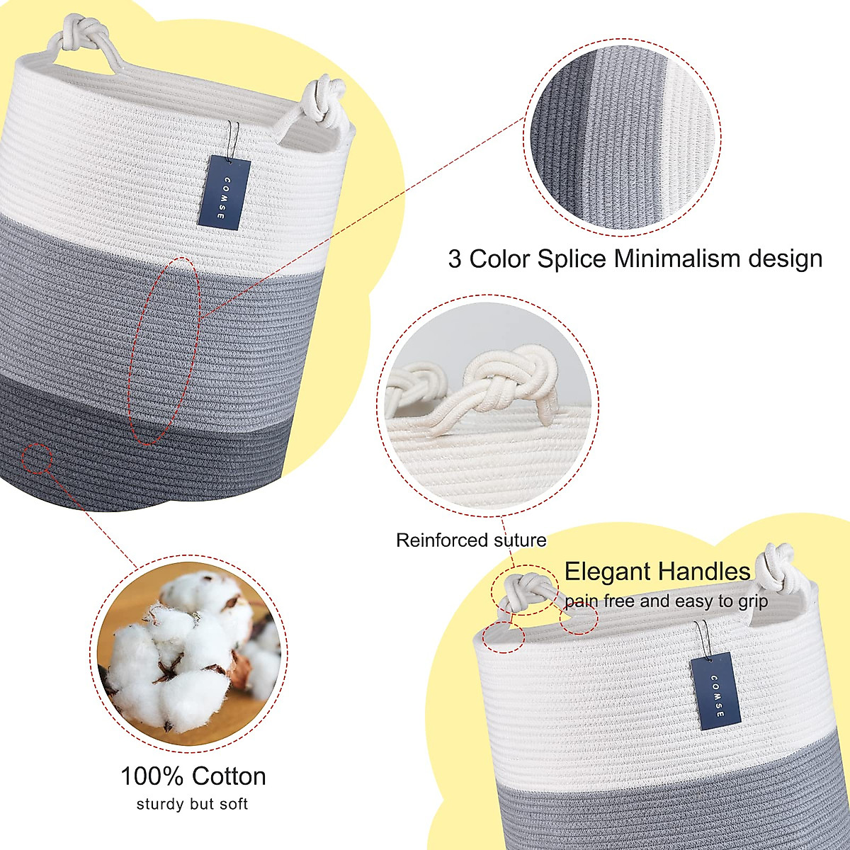 COMSE Laundry Hamper, Extra Large 15.7"x 21.7", Cotton Rope Basket, Portable, White & Light Gray & Dark Gray