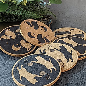 Mango Steam Set of Six Cat Cork Coasters with Decorative Cork Holder, Black