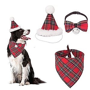 ADOGGYGO Christmas Dog Bandana Hat Bowtie, Red Plaid Dog Christma Bandana Scarf Xmas Dog Hat Cute Plaid Dog Bow, Dog Christmas Costume Accessories for Small Medium Large Dogs Pets (Large, Red-2)