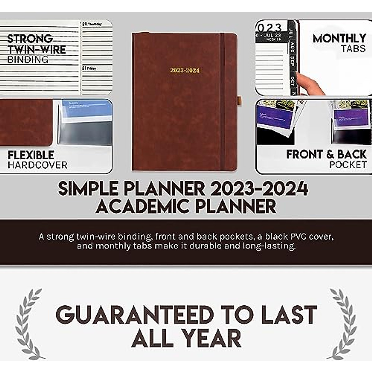 HARDCOVER Daily Leather Planner Weekly Monthly - 8.5x11 - Ensight Academic Planner Business Personal or Student - Pen Holder, Bookmark, Notes Pages, Thick Paper, July 2023 - June 2024 (Brown)