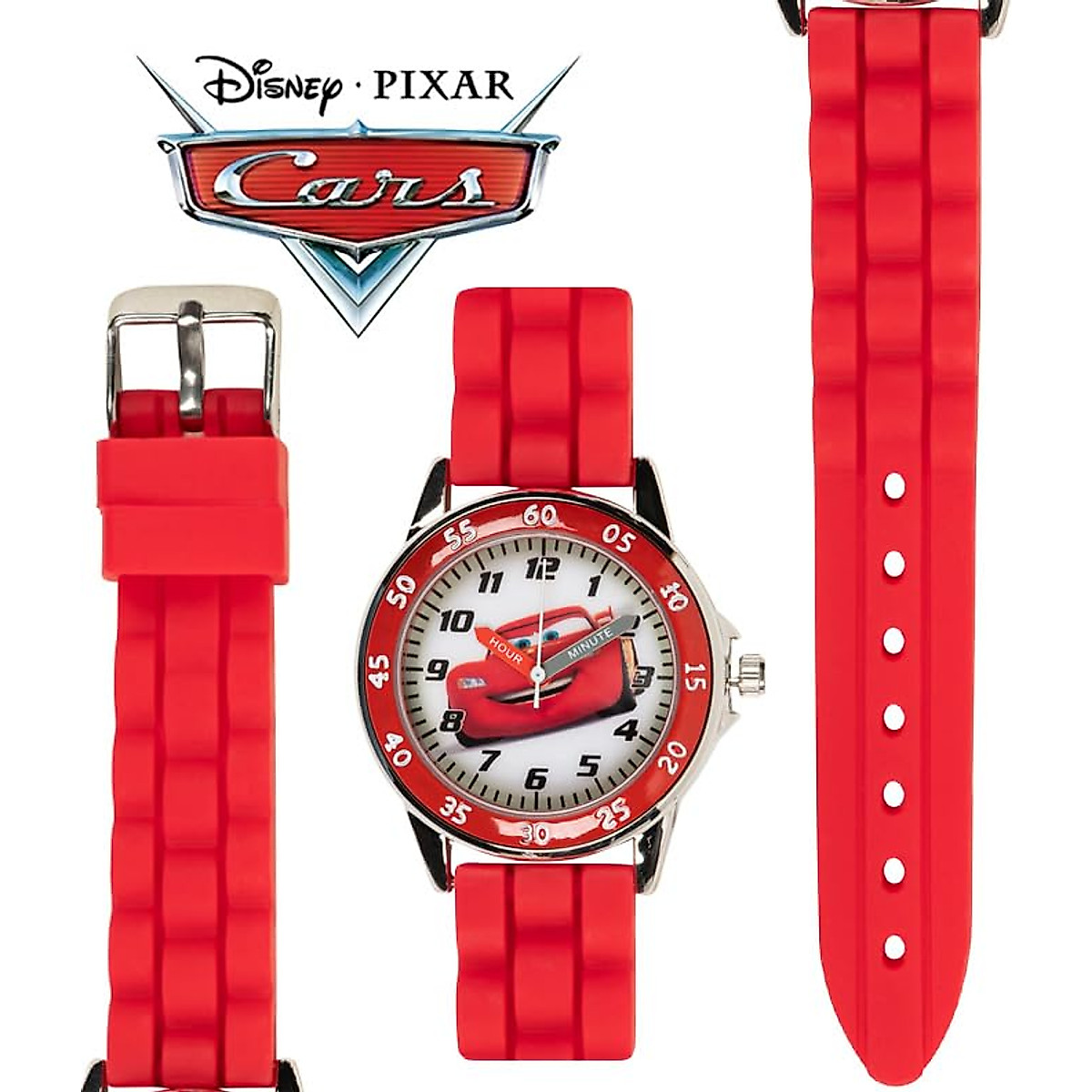 Disney Pixar Cars Kids' Time-Teaching Watch – Lightning McQueen Design with Red Silicone Strap, Easy-to-Read Dial, and Adjustable Fit for Wrists 5.5" to 8"