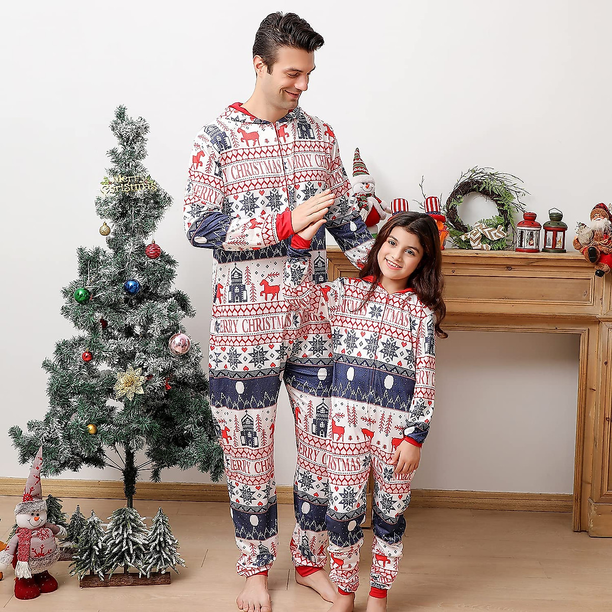 ANGELGGH Family Matching Christmas Onesie Pajamas, Vacation Cute Printed One Piece Pajamas, Xmas Hooded Holiday Sleepwear (Youth, 2-3T, Striped Snowflake)