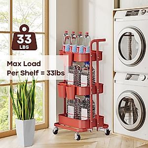 DTK 3 Tier Foldable Rolling Cart, Metal Utility Cart with Lockable Wheels, Folding Storage Trolley for Living Room, Kitchen, Bathroom, Bedroom and Office, Red