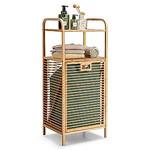 RELAX4LIFE Laundry Hamper Bamboo W/ Removable Liner, 2-Tier Shelves Tilt-out Design Space-Saving Laundry Hamper Basket for Bathroom, Living Room,Bedroom, Natural +Green