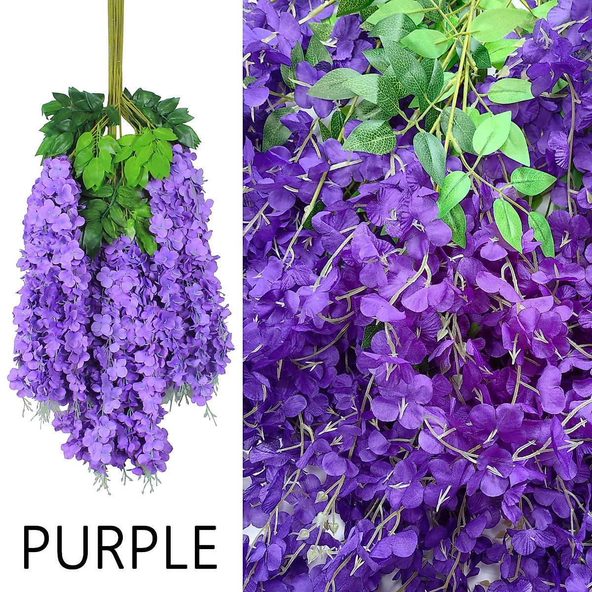 12pcs Artificial Wisteria Flowers 3.6 Feet/Piece Purple Dense Artificial Fake Wisteria Vine Ratta Hanging Garland Silk Flowers String Home Party Wedding Decor（Purple-Dense）