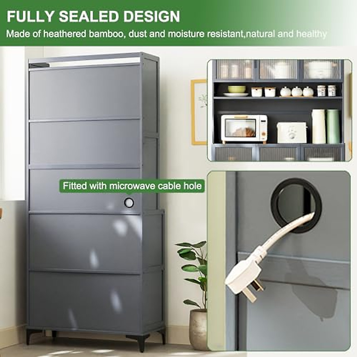 NENAGGE Kitchen Pantry Storage Cabinet, 69" Freestanding Microwave Cupboard with Double Doors ＆ Acrylic Translucent Window, Buffet with Hutch for Living Room, Dining Room,176×116cm/69×46in