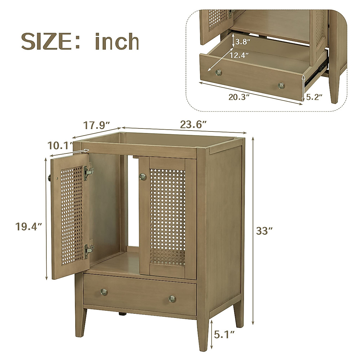 PULLAFUN 24" Bathroom Vanity Without Sink, Base Only, Rattan Cabinet with Doors and Drawer, Solid Frame and MDF Board, Natural