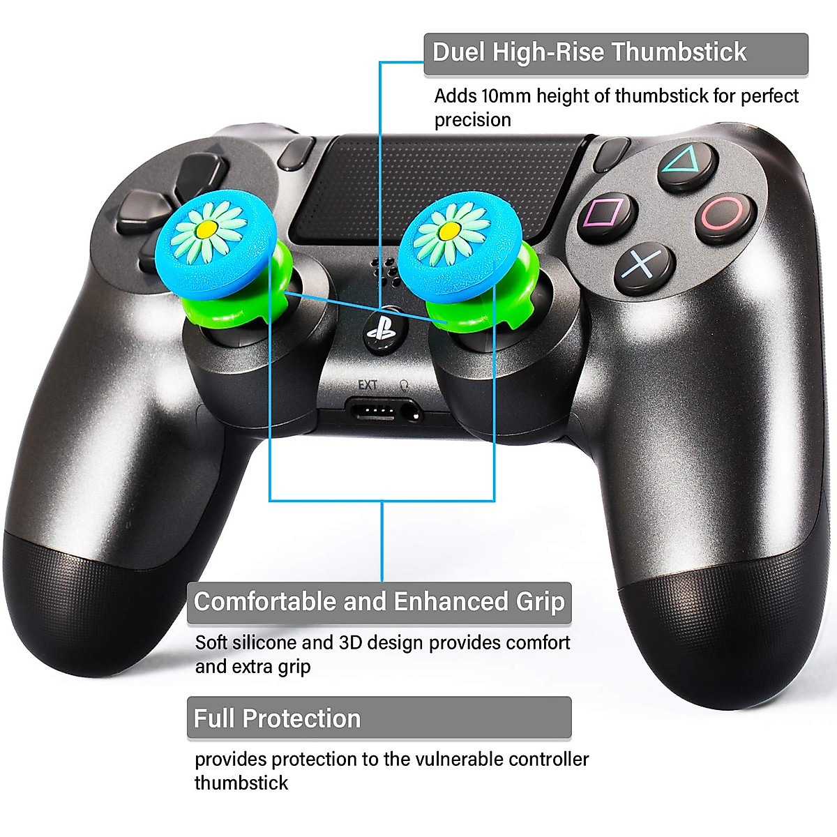 Playrealm FPS Thumbstick Extender & 3D Texture Rubber Silicone Grip Cover 2 Sets for PS5 Dualsenese & PS4 Controller(Daisy Blue)
