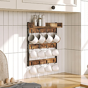 YATINEY Coffee Mug Holder Stand, 3 Tier Mug Tree Holder Rack, Mug Cup Rack Stand, Coffee Mug Rack can Hanging 12 Cups, with Top Shelf, for Kitchen and Coffee Station, Rustic Brown MH42BR