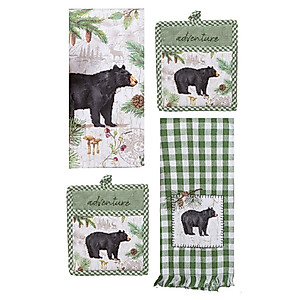 DHE Piece Black Bear Pinecone Trails Kitchen Set, 1 Dual Purpose Towel, 1 Applique Towel and 2 Pocket Mitts Green