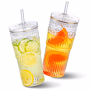 FULGNU Glass Cups with Lids and Straws, 24 OZ Glass Tumbler with Straw and Lid Iced Coffee Cups, High Borosilicate Glasses Clear Glass Cups Set for Cocktail,Smoothie,Water