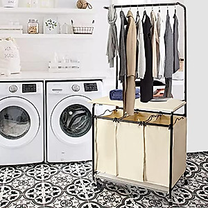 Rolling Laundry Sorter Cart with Wheels Heavy-Duty Laundry Hamper Sorter Cart with Ironing Board，3 Removable Bags, and Attached Steel Hanging Bar (Beige)