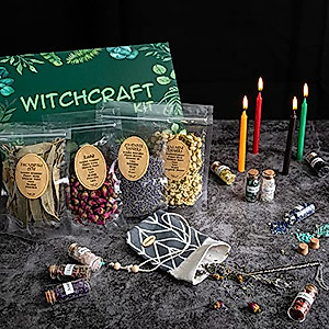 Witchcraft Supplies Box for Wiccan Spells, 61PCS Witchcraft Starter Kit, Spell Candles&Crystals&Dried Herbs& Magic Wand Necklace, Versatile Tools Gifts for Beginner Experienced