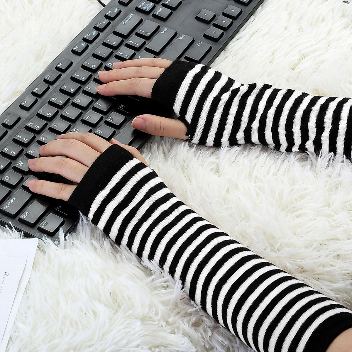 Allegra K Women's Fingerless Gloves Printed Elbow Length Knitted Arm Warmers One Size Black-White