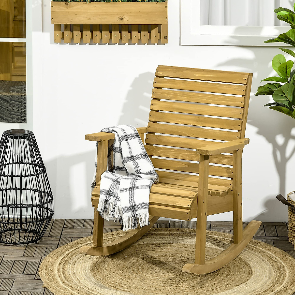 Outsunny Wooden Outdoor Rocking Chair, Traditional Slatted Wood Rocker Chair with Armrests and High Backrest for Indoor & Outdoor, Light Brown