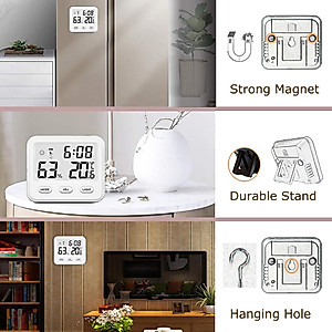 Digital Hygrometer Indoor Thermometer, Temperature Humidity Gauge with Desk Clocks for Bedroom Office,Backlit Accurate Monitor Clear Reading,Time Display Room Thermometer for Home Greenhouse(White)