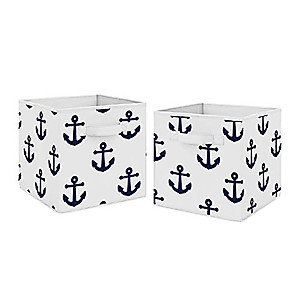 Sweet Jojo Designs Navy Blue White Anchors Foldable Fabric Storage Cube Bins Boxes Organizer Toys Kids Baby Childrens - Set of 2 - Nautical Theme Ocean Sailboat Sea Sailor Anchor Unisex Gender Neutral