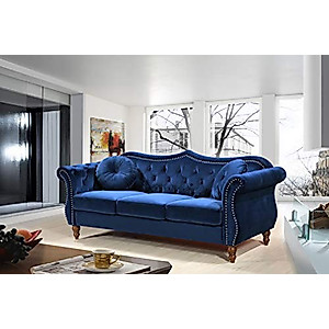 Container Furniture Direct Anna1 Velvet Upholstered Classic Nailhead Chesterfield Living Room, Sofa & Loveseat, Blue Mist