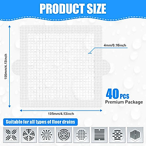 AMFUN Disposable Shower Drain Hair Catcher, 40Pcs Floor Drain Mesh Strainer Sticker with Waterproof Adhesive, Anti-Blocking Filter Sticker Hair Catchers for Bathtub Bathroom Kitchen, Square 105mm