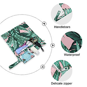 2pcs Cloth Diaper Wet Dry Bags Waterproof Tropical Green Palm Leaves Pink Reusable Washable Travel Beach Yoga Gym Bag for Swimsuits Wet Clothes