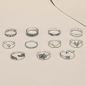 Jumwrit Bohemian Knuckle Rings Set Vintage Finger Rings Set Midi Rings Love Heart Ring Index Rings Silver Band Ring Stackable Rings for Women（11PCS）