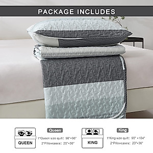 Mybedsoul Queen Quilt Set (96x90 Inch) - 3-Piece Mint Green Patchwork Bedspread Coverlet Set with 1 Striped Quilt and 2 Pillowcases - Soft Microfiber Stitched Bedding for Luxurious Comfort