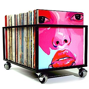 NEEDLEA Vinyl Record Holder Storage Up to 120 LP - Sturdy Metal Frame Crate Moving Box with Wheels - Stylish Display Rack Organizer for Vinyl Album in Home Office