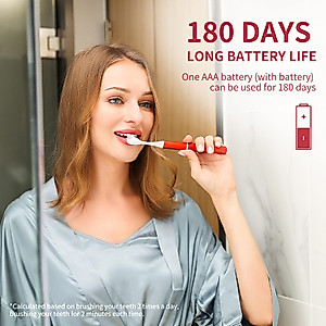 Flexforce AAA Battery Powered Sonic Toothbrush, 2 Replaceable Toothbrush Heads, Metal Aluminum Toothbrush Handle, for Kids and Adults, 2 Minute Timer, V1 Electric Toothbrush, Red