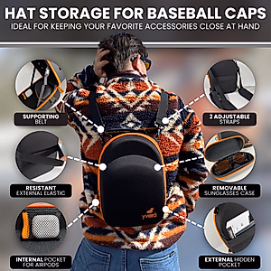 Hat Travel Case - Hat Carrier for Travel Hat Case for Travel with Sunglasses case, Airpods Pocket, 2 Straps - Baseball Cap holder organizer - Hat Storage for Baseball caps - yvera