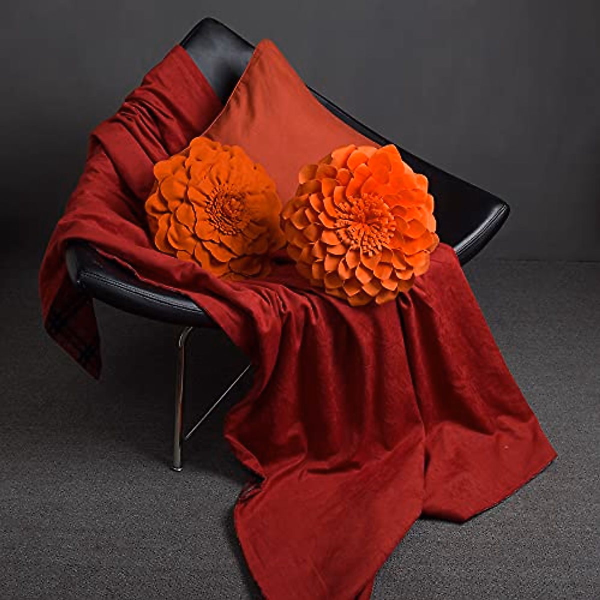 JWH Handmade 3D Flower Throw Pillow Covers Aesthetic Decorative Round Cushion Floral Accent Pillow Cases Velvet Pillowcase Living Room Bed Couch Bedroom 14 Inch Orange