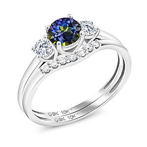 Gem Stone King 10K White Gold Blue Mystic Topaz and White Lab Grown Diamond 3-Stone Bridal Engagement Wedding Ring Set For Women (0.74 Cttw, Gemstone November Birthstone, Round 5MM, Size 6)