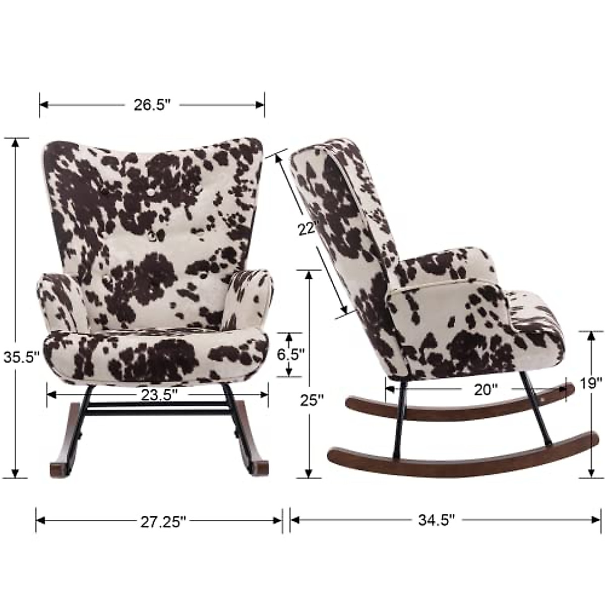 EALSON Nursery Rocking Chair Fabric Upholstered Rocker Chair Tufted Wingback Accent Chair with Wooden Base Modern Comfy Lounge Armchair for Bedroom Living Room, Cow