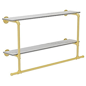 MOUTIK Wall Clothing Rack Gold - 46" Long Industrial Pipe Garment Rack with 2 Tier Shelves, Heavy Duty Iron Clothes Rod Retail Display for Bedroom, Laundry