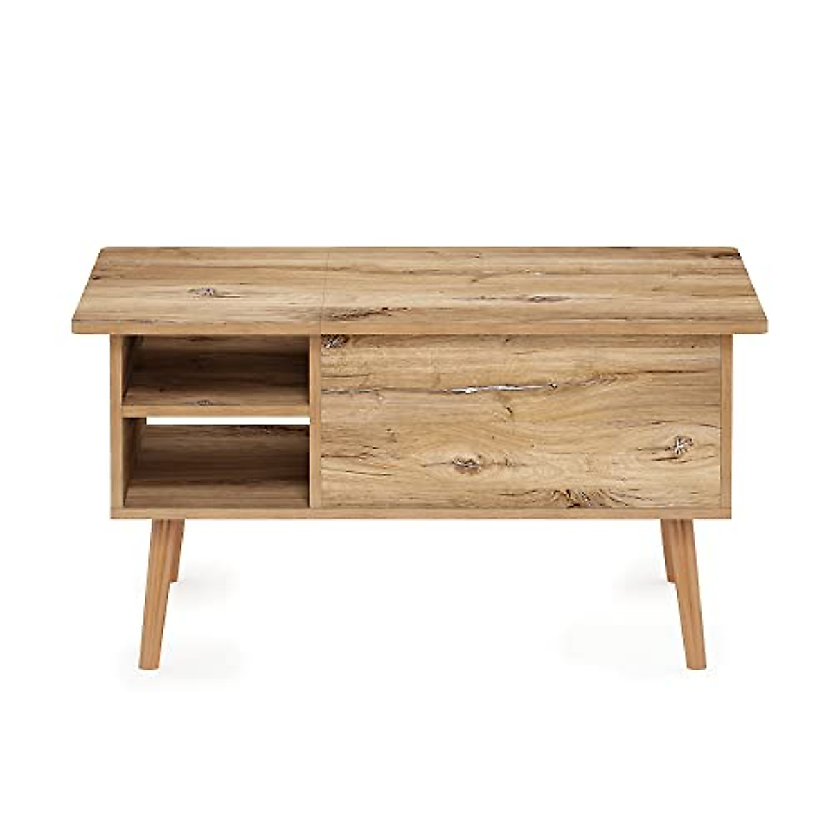 Furinno Jensen Living Room Wooden Leg Lift Top Coffee Table with Hidden Compartment and Side Open Storage Shelf, Flagstaff Oak
