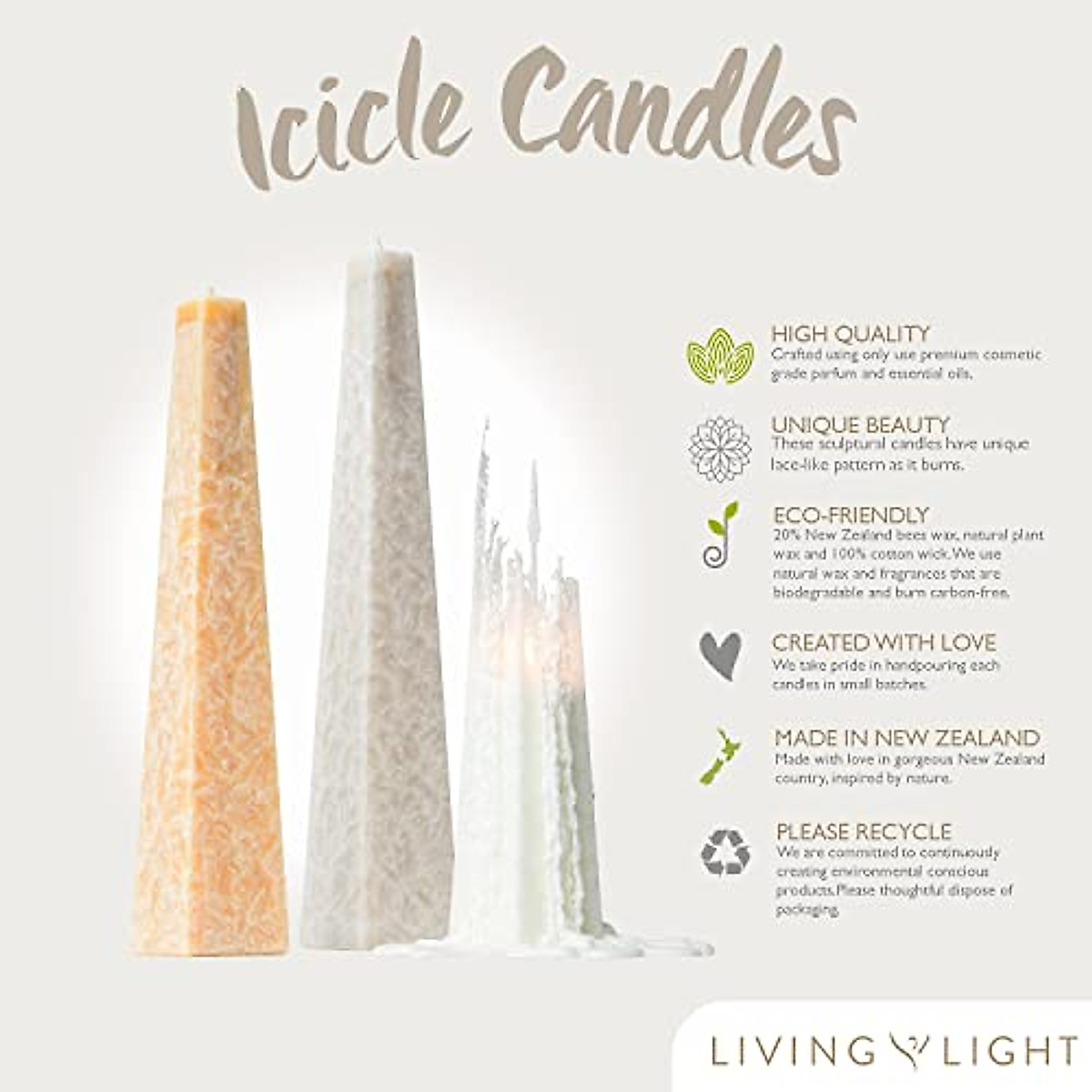 Fragranced Pillar Icicle Candle (Pohutukawa, Medium) Natural Plant & Beeswax, 12.8” Tall, Premium Fragrance (no nasties), Handmade in New Zealand, 75 hrs Burn time.