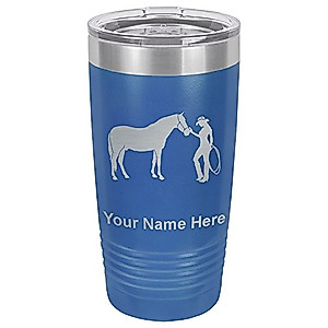 LaserGram 20oz Vacuum Insulated Tumbler Mug, Horse and Cowgirl, Personalized Engraving Included (Dark Blue)