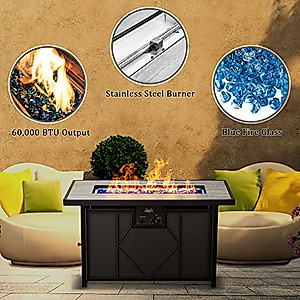BALI OUTDOORS 42 inch Rectangular Propane Gas Fire Pit Table with Blue Fire Glass, Fire Pits Outdoor for Outside Patio and Garden
