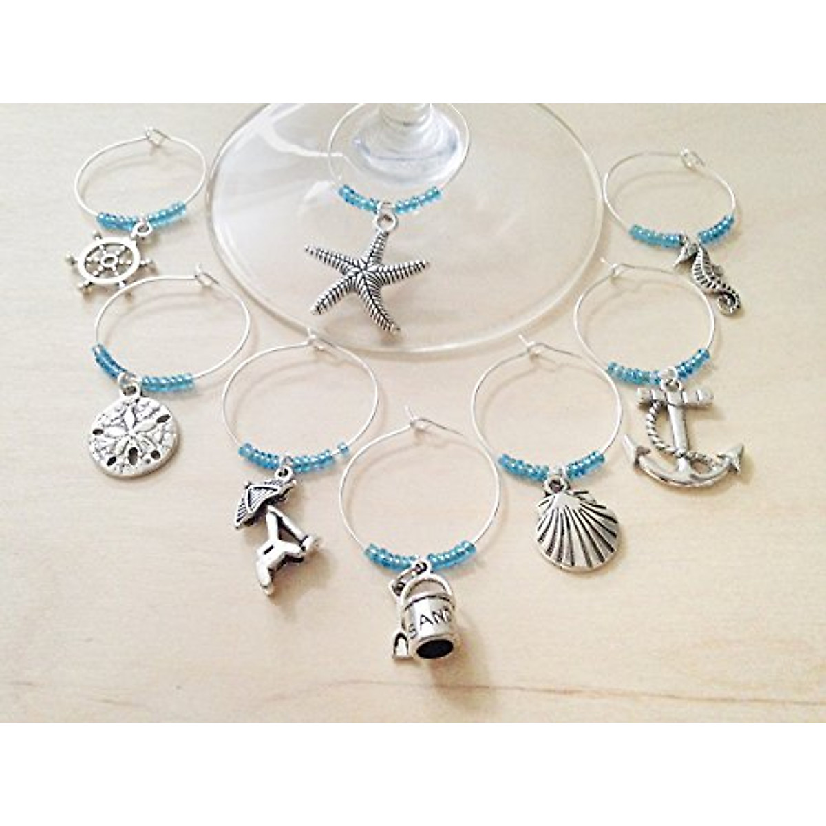 Beach Themed Wine Charms, Gift for Beach Lover, beach themed, beach Vacation, Summer at the Shore, Set of 8. AQUA BEADS.