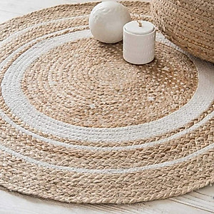 100% Jute Area Rug Approx 3 Feet - Braided Design Hand Woven Natural White Rings Carpet - Home Decor for Living Room Hallways - Round Natural Fibers 36" inch