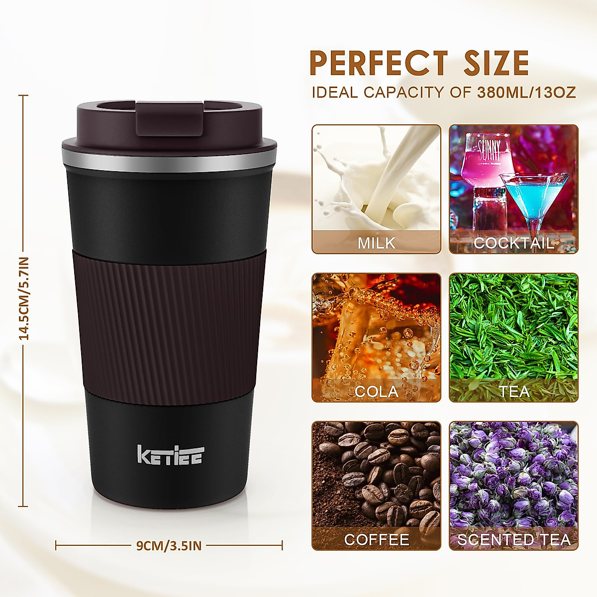 KETIEE Travel Mug, 12oz Insulated Coffee Cup with Leakproof Lid, Vacuum Stainless Steel Double-Wall Travel Coffee Mug Spill Proof, Reusable Coffee Mugs for Men and Women for Hot & Cold Drinks