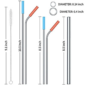 18-Pack Reusable Stainless Steel Straws with Soft Silicone Tips, Urekt 8.5" and 10.5" Long Metal Drinking Straw Set with 2pcs 0.4“ Extra Wide Boba Straws, 4 Cleaning Brushes Included
