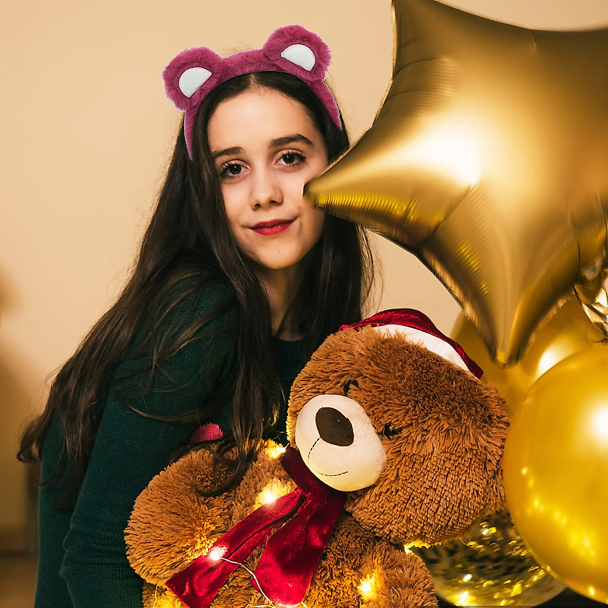 WHAVEL 2 Pcs Plush Animal Ears Headband, Cute Bear Costume Face Wash Hair Accessories for Adult Women Kids (Pink, Rose)